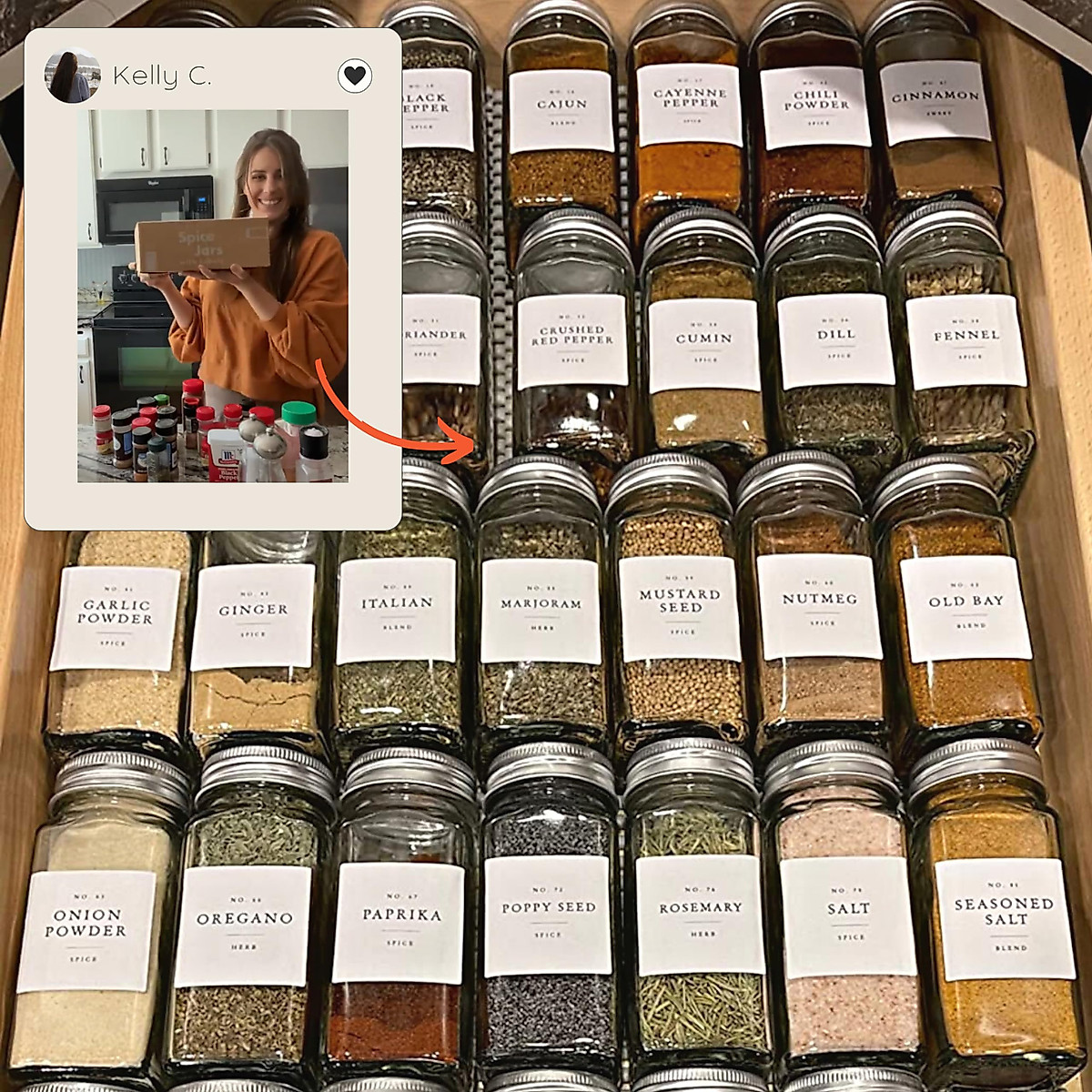 Glass Spice Jars with Label and Organizer - Minimalist Collection - Clear Empty 4 oz Spice Jars with Labels, Spice Seasoning Containers Jars with Labels, Small Spice Bottles Jars Set with Shaker Lids