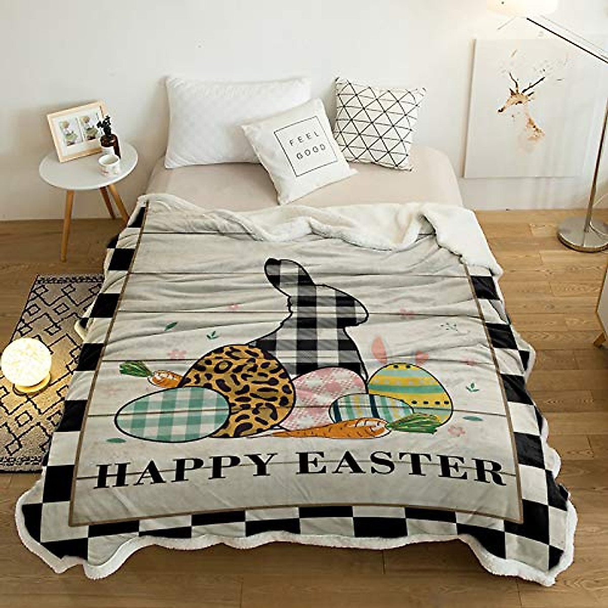Easter Buffalo Bunny Throw Blanket for Couch,Leopard Egg Fuzzy Fluffy Super Soft Furry Plush,Black Check Farm Plank Comfy Thick Sherpa Throws and Blankets for Sofa Bed Decor