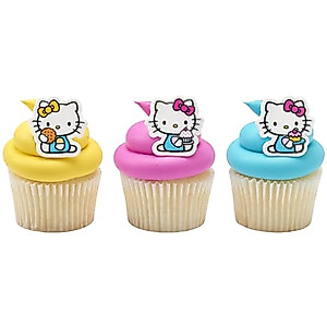 DecoPac Hello Kitty® Rings, Cupcake Decorations Featuring Hello Kitty and Mimmy, Pink And Yellow - 24 Pack