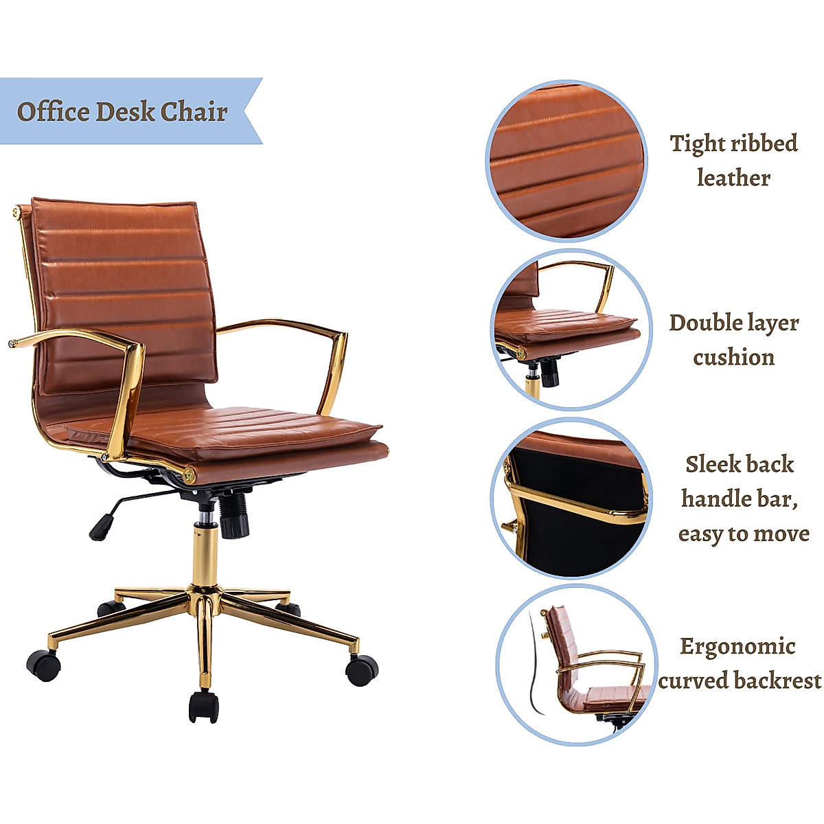 EALSON Modern Leather Office Chair Comfortable Home Office Desk Chair with Wheels and Arms Gold Base Conference Chair Ergonomic Computer Task Chair Adjustable Swivel Chair, Brown