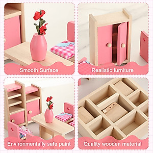 Wooden Dollhouse Furniture Doll House Furnishings with 8 Pieces Winning Doll Family Set, Dollhouse Accessories for Miniature Dollhouse, Family Figures Imaginative Play Toy (Lovely Style)
