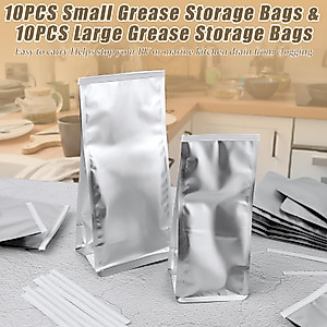Droutti 20 Pcs Disposable Grease Storage Bags 11/9 inch Foil Grease Disposal Container Food Storage Bags with Sealing Strips Replacement Grease Bags for Kitchen Cooking Hot Liquids Oils, silver