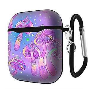 Slim Form Fitted Printing Pattern Cover Case with Carabiner Compatible with Airpods 1 and AirPods 2 / Psychedelic Hallucination Magic Mushrooms Pattern