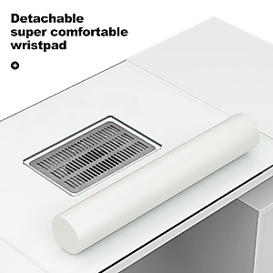 Paddie Manicure Table, Glass Top Nail Makeup Desk Nail Table Station for Nail Tech w/Electric Downdraft Vent, Wrist Cushion, Lockable Wheels, Storage Drawers, Wooden Handles (White)