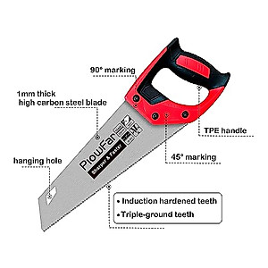 Plowfar 14 inch Hand Saw 11TPI Pro Fine Cut for Wood, Plastic Pipes, Drywall, Trees Trimming & Pruning, Sharp Manual Saw for Woodworking, Red