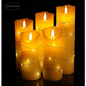 DANIP flameless Candle, with Embedded String Lights, 5-Piece LED Candles, with 10-Key Remote Control, 24-Hour Timer Function, Dancing Flame, Real Wax, Battery-Powered. (Ivory White)