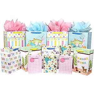 FZOPO Baby Gift Bag Assortment, Heavy Duty Paper Gift Bags, Pack of 12 Small, Medium, Extra Large Bags for Baby Shower, Birthday, Parties, Baby Girl, and Baby Boy