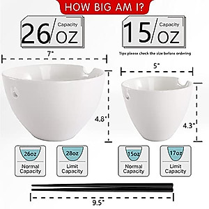 AVLA 2 Pack Porcelain Ramen Bowls, 15/26 OZ Japanese Udon Noodle Miso Bowls with Chopsticks, Deep Soup Bowl Set with Holes for Pho, Soba, Dipping Dishes, Dishwasher and Microwave Safe