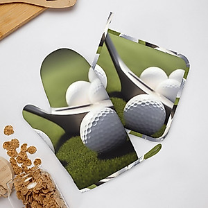 Golf Printed Oven Mitts and Pot Holders Sets Heat Resistant Kitchen Oven Gloves Potholders Set Extra Long Non-Slip Silicone Gloves for Cooking Baking BBQ