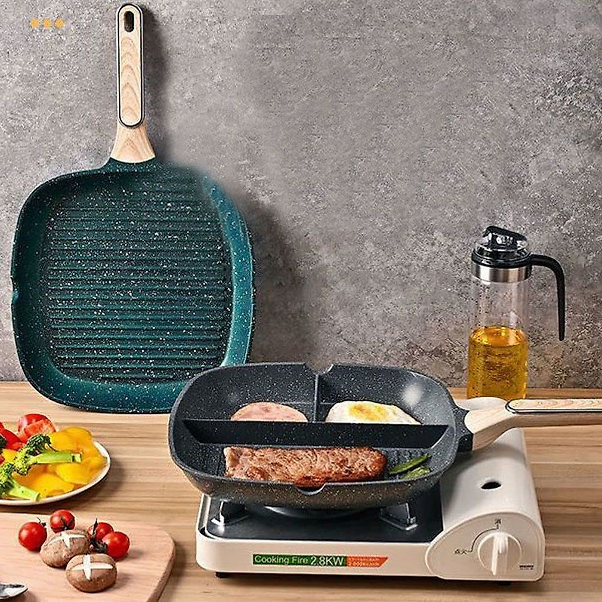 JUSTUP Nonstick Grill Pan, 3-in-1 Egg Pan 11 Inch Non Stick Skillet Pan, Heat Resistant Handle 3 Section Skillet Pancake Pan, Divided Pan Cooking Pan for Breakfast, Egg, Bacon and Burgers