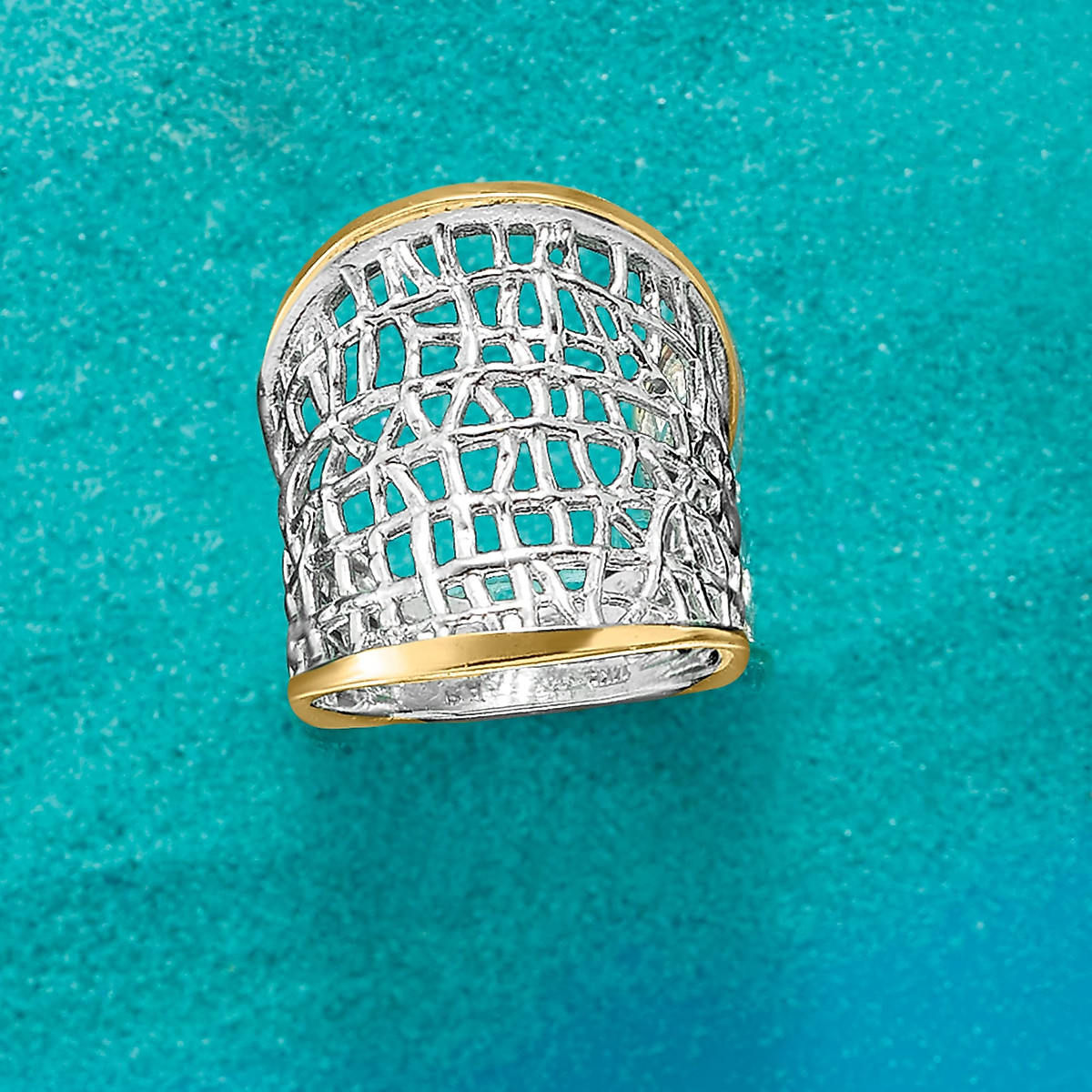 Ross-Simons Sterling Silver and 14kt Yellow Gold Free-Form Lattice Ring. Size 8