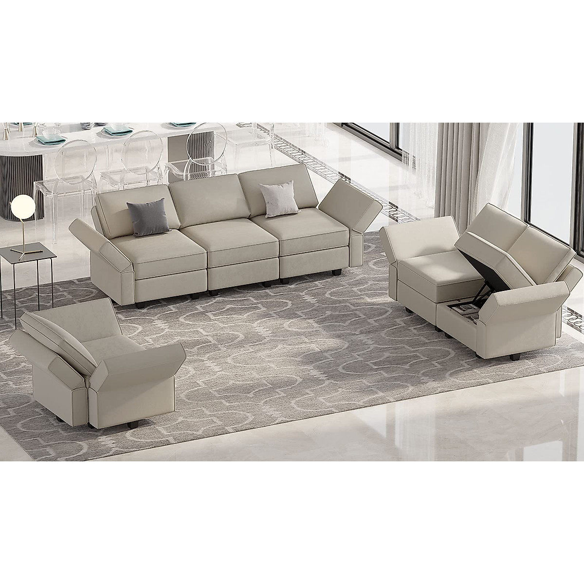 Belffin Modular Sofa Set for Living Room Furniture Sets 3 Piece with Storage Seat Velvet Sofa Couch Set Grey