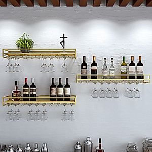 Caijj Industrial Wall Mounted Wine Rack Bottles Holder 10 Wine Cups Hanging Wine Storage Rack Floating Storage Metal Mesh Fence Shelves For Home Kitchen Bar Pantry,Gold