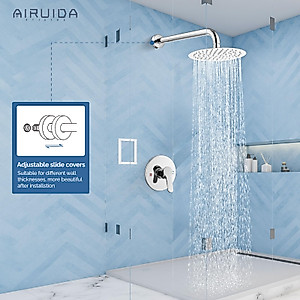 Airuida Shower Faucet Set Chrome Polish, Single Function Shower Valve Kit, Rain Shower Faucet Kit, 8 Inch Round Rainfall Shower Head with Male Threads Rough-in Valve