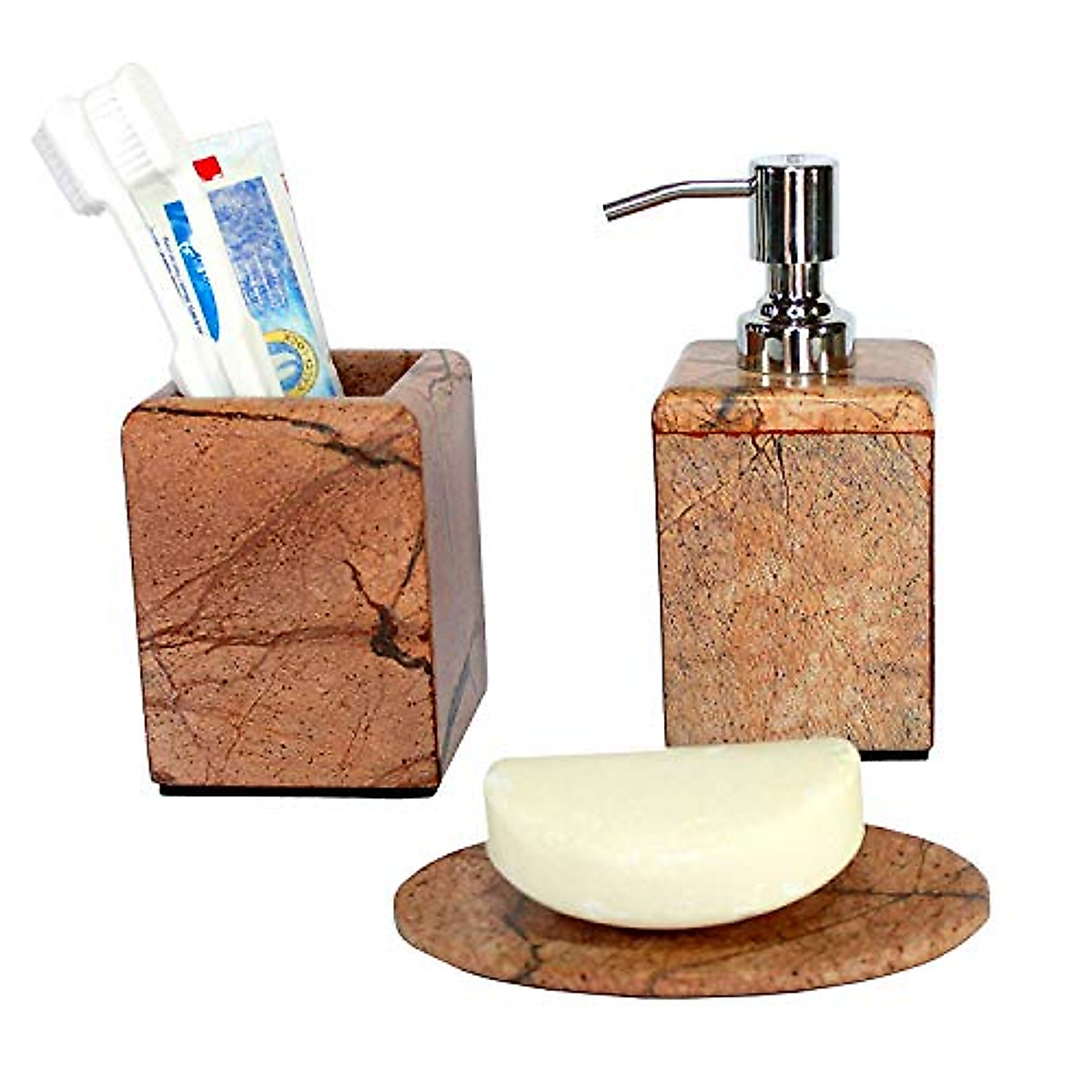 KLEO - Bathroom Accessory Set Made from Natural Brown/Sand Stone - Bath Accessories Set of 3 Includes Soap Dispenser, Utility and Soap Dish