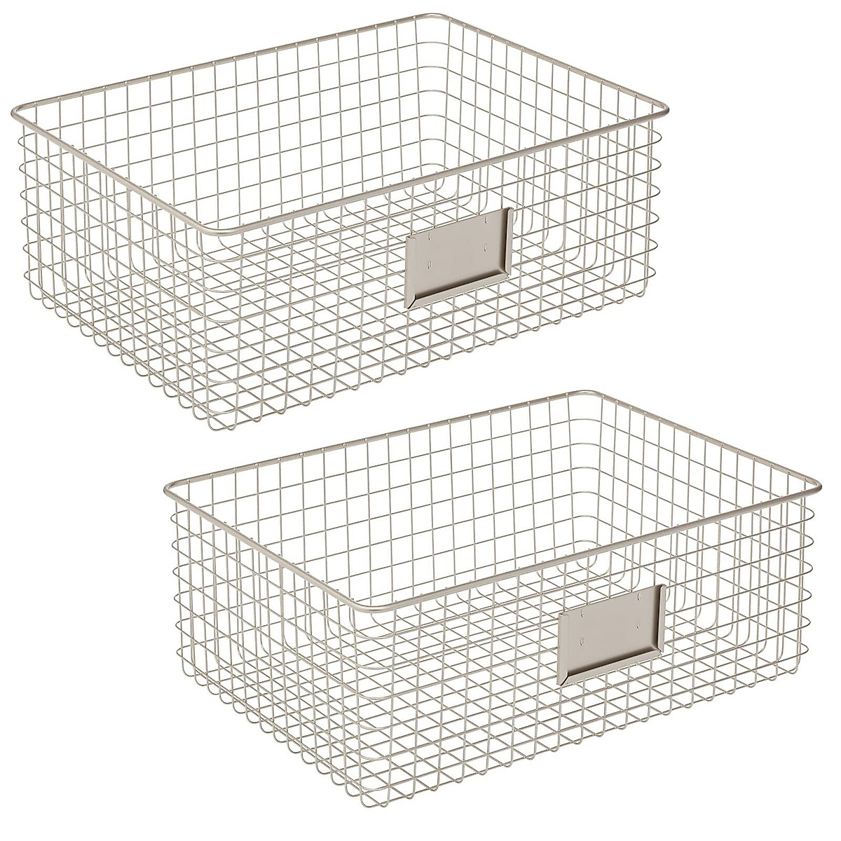 mDesign Wide Steel Wired Storage Organizer Bin Baskets with Label Slot for Kitchen Pantry, Cabinet, Organizing Holder for Food, Drinks, Snacks, Produce, Omaha Collection, 2 Pack, Satin