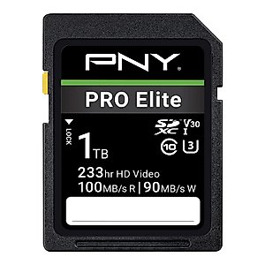 PNY 1TB PRO Elite Class 10 U3 V30 SDXC Flash Memory Card - 100MB/s, Class 10, U3, V30, 4K UHD, Full HD, UHS-I, Full Size SD