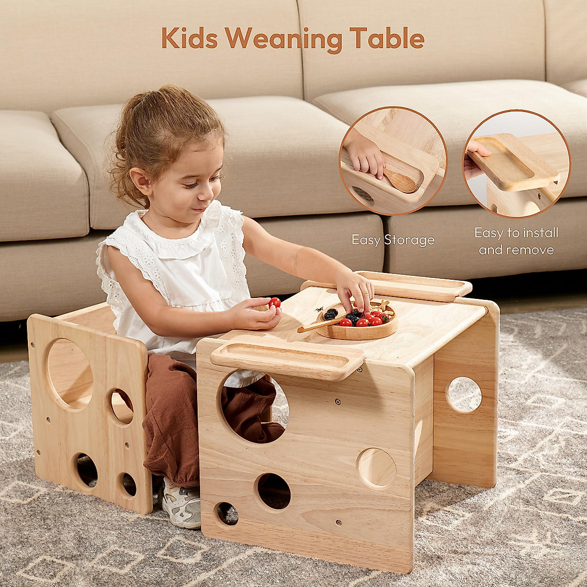 Woodtoe Montessori Weaning Table and Chair Set for Toddler, Natural Solid Wooden Kids Table Cube Chair for Boy Girl, with 8 PCS Montessori Lock and Key Toy Set, Educational Toys for Kids
