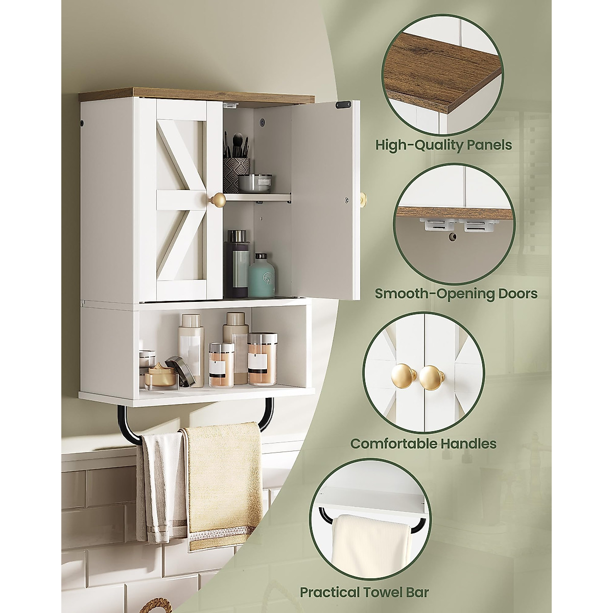 CHOEZON Bathroom Wall Cabinet, Medicine Cabinet with Open Partition and Towel Bar, Rustic Storage Cabinet with Open and Hidden Storage Space, for Bathroom, Living Room, Kitchen, White and Walnut