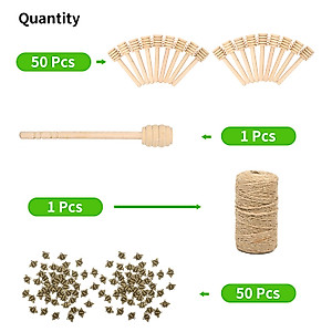 50 Pack 3 Inch Mini Wood Honey Dipper Sticks Set,Honey Stirrer Honey Wand for Honey Jar Dispense Drizzle Honey, 50 Pieces Honeybee Charm Pendants with Jute Rope for Honey Jar DIY Crafts