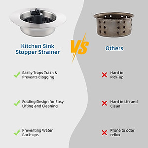 Upgraded Stainless Steel Kitchen Sink Drain Stopper Strainer, 3-in-1 Pop Up Sink Stopper, Clog-Free Mesh Sink Drain Strainer, Food Catcher for Standard 3-1/2 Inch Kitchen Sinks, Chrome