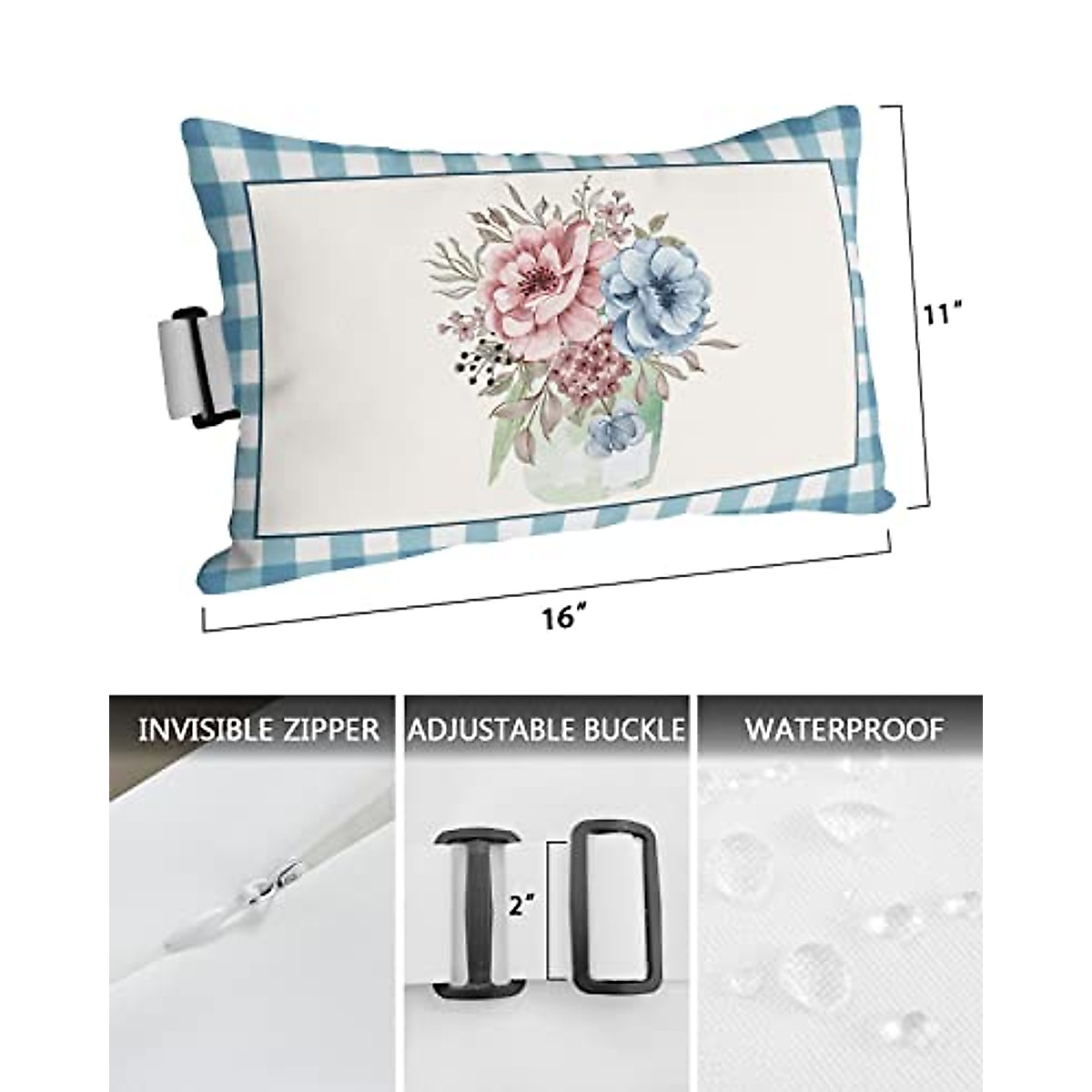 Prime Leader Recliner Head Pillow Ledge Loungers Chair Pillows with Insert Spring Pink Blue Flower Blue White Buffalo Plaid Lumbar Pillow with Adjustable Strap Outdoor Waterproof Patio Pillows, 2 PCS