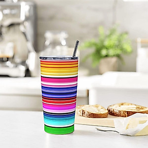 EVANEM 20 Oz Stainless Steel Tumbler With Straw Cleaner Colorful Mexican Stripes Printed Insulated Cup Travel Coffee Mug Vacuum Insulated Tumblers For Home Office