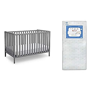 Delta Children Heartland 4-in-1 Convertible Crib, Grey + Delta Children Twinkle Galaxy Dual Sided Recycled Fiber Core Crib and Toddler Mattress (Bundle)