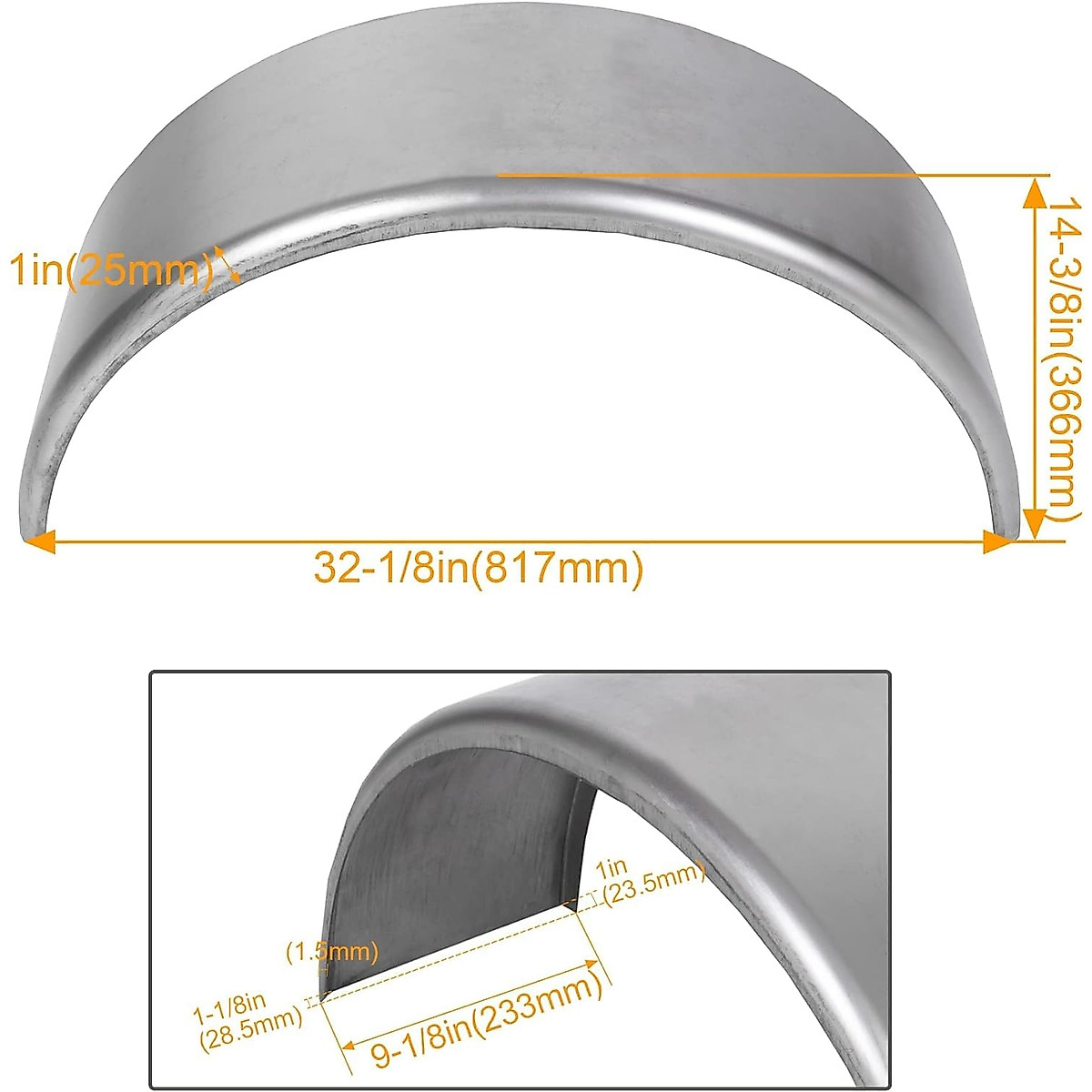 HECASA Steel Round Single Axle Trailer Fenders and Fender Backs Fits 14” to 16” Wheels - 32” x 9” x 15” (2Pcs)
