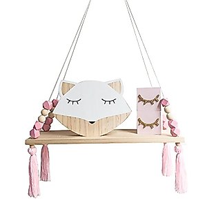 Baost Nordic Hanging Swing Rope Floating Shelves with Tassel Beads, Wall Hanging Storage Board Wooden Plank Shelf Display Ornaments for Kids Room Pink
