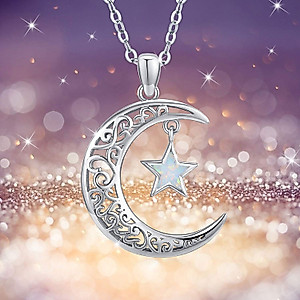 TRISHULA Moon Necklace for Women, 925 Sterling Silver Crescent Star Pendant with Opal Star Sparkling Crescent Moon Jewelry Gift for Women Teens Birthday Christmas Graduation