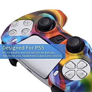 Skin Cover for Sony PS5 Dualsense Controller, Colourful Silicone Protecte Case Printing Cool Flowing Flame, with Pro Thumb Grips x 12