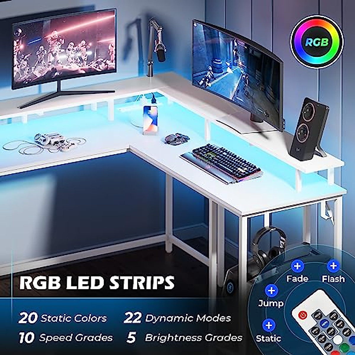 SUPERJARE L Shaped Computer Desk with Power Outlets & LED Lights and Nightstands Set of 2 with Charging Station & LED Light Strips, White