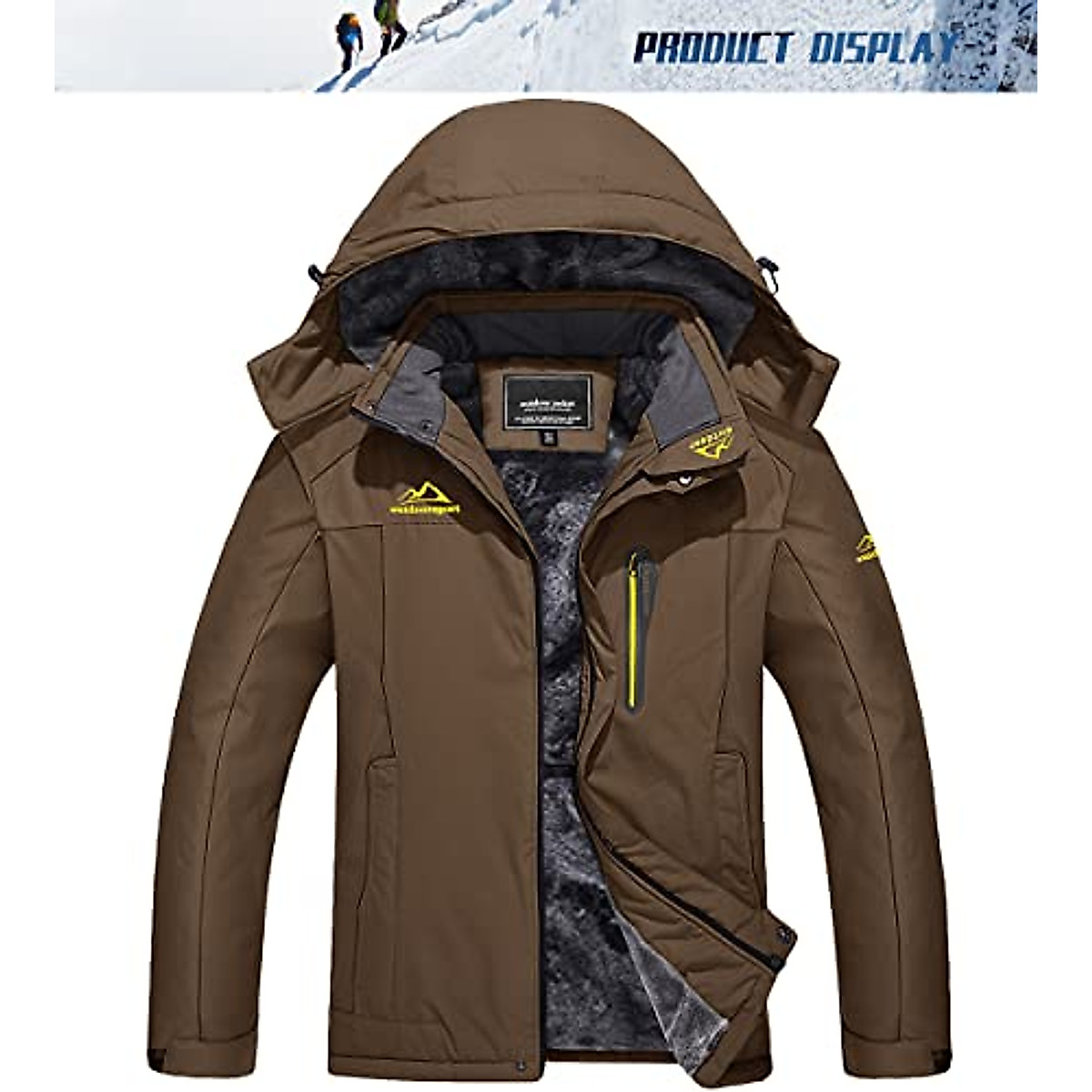 TACVASEN Men's Skiing Jacket with Pockets Winter Warm Fleece Lined Athletic Jacket, Brown, M