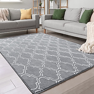Chicrug Shag Geometric Modern Area Rug for Bedroom, 4x6 Feet Memory Foam Indoor Carpet, Fluffy Rug for Living Room Bedside Room Decor for Family Girls Kids Nursery Play Mat, Grey/White