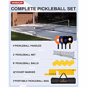 VINSGUIR Pickleball Net Set, Portable Pickleball Net with 4 Pickleball Paddles, 8 Pickleballs, 1 Carry Bag, 22 FT Regulation Size Pickleball Net Set for Beginners, Outdoor Indoor Driveway Home