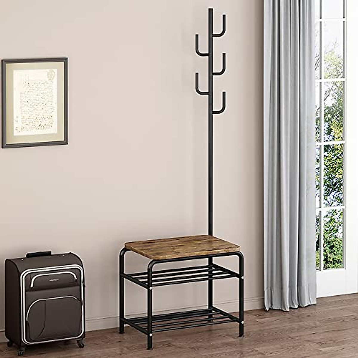 AKaSping Bamboo Shoe Rack Shoes Bench 3 in 1 Hall Multifunctional Shoes Bench with Coat Rack Seat Shoe Rack Organizer 2 Tiers Shoe Storage Shelf for Home Bedroom Hallway Entryway
