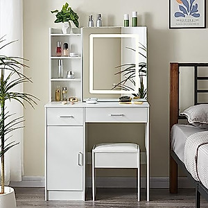 Vanity Set Dressing Table with Lighted Mirror, Modern Storage Makeup Table with 5 Drawers and Stool,White (H3071LED)