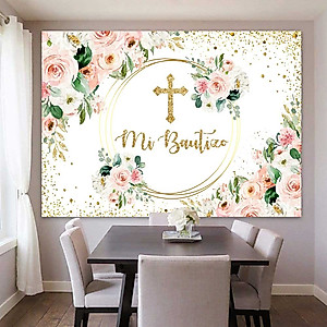 Sensfun Mi Bautizo Backdrop Gold Bless Spanish Baptism Girl First Holy Communion Party Decorations Pink Floral Gold Glitter Background Christening Newborn Photo Studio Booth Props 7x5ft