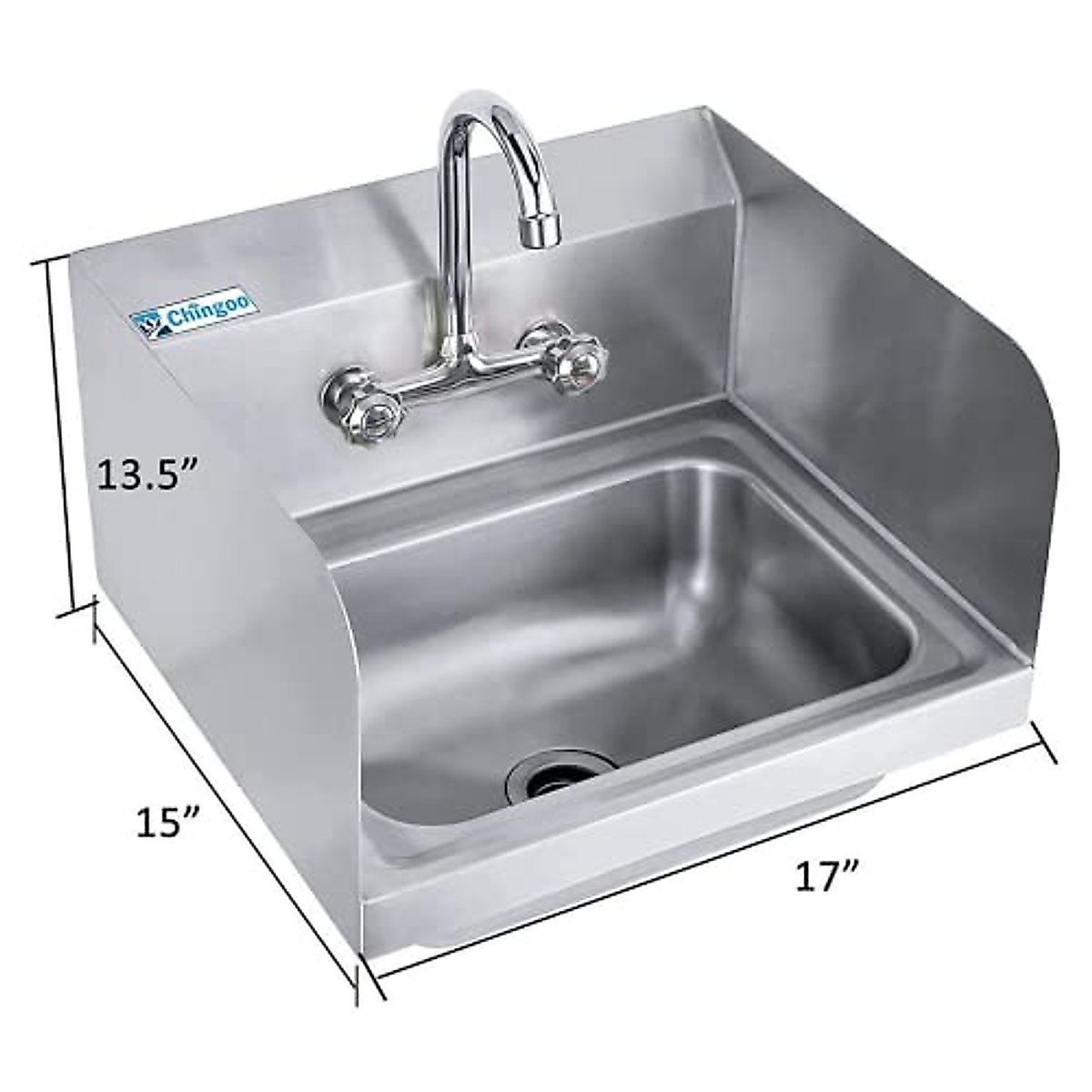 Chingoo Stainless Steel Sink with Faucet and Side Splash Commercial Wall Mount Hand Sink for Restaurant, Kitchen and Home, 17 x 15 Inches