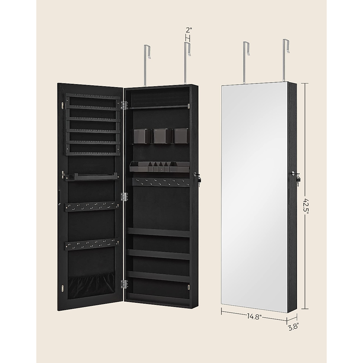 SONGMICS Mirror Jewelry Cabinet Armoire, Wall or Door Mounted Jewelry Storage, Hanging Lockable Frameless with 2 Plastic Cosmetic Organizers, Gift Idea, Black UJJC001B01