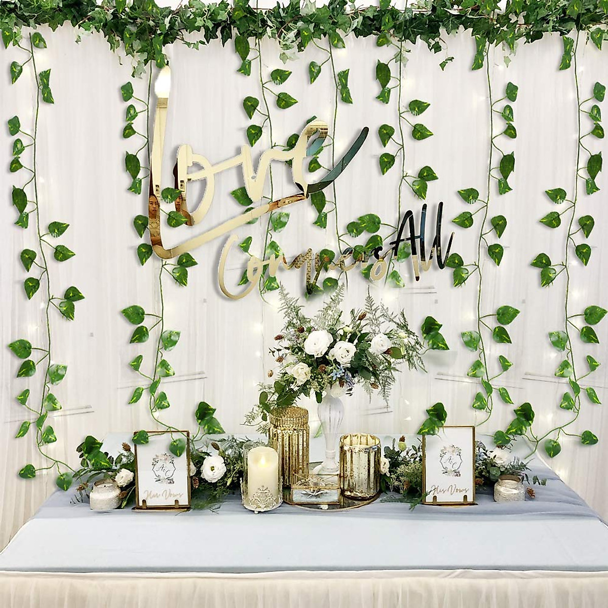 ZWYOQI 84 feet Artificial Vines Greenery Garland Fake Hanging Leaves Faux Foliage Plants for Wedding Party Garden Home Kitchen Office Wall Decorations (Scindapsus/12 Strands)