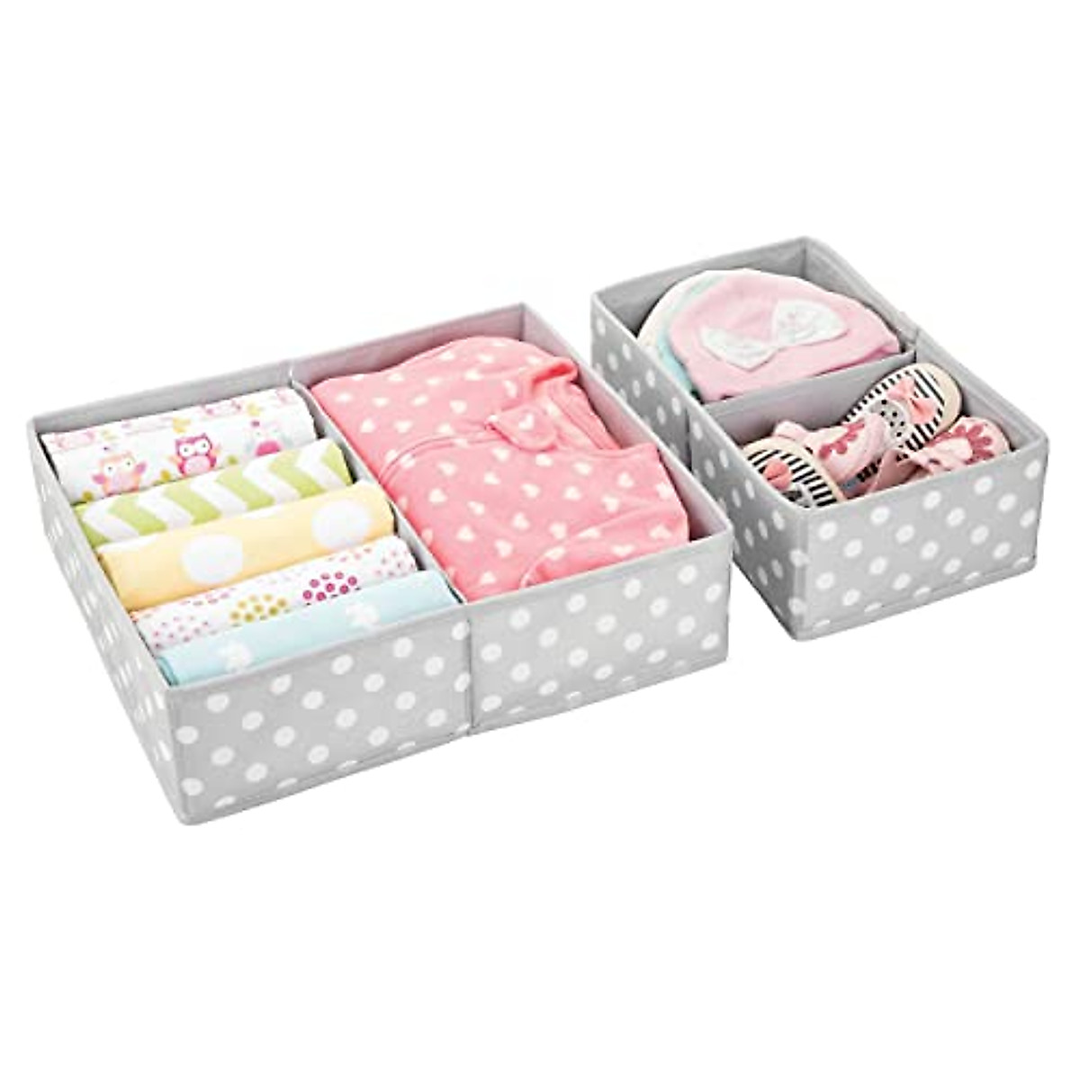 mDesign Fabric Drawer Organizer Bins, Kids/Baby Nursery Dresser, Closet, Shelf, Playroom Organization, Hold Clothes, Toys, Diapers, Bibs, Blankets, Set of 2, 6 Pack, Gray/White Polka Dot