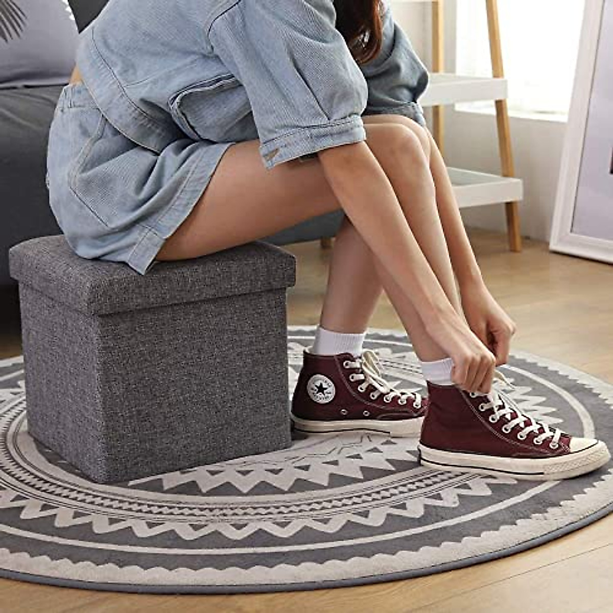 YCOCO Linen Storage Ottoman Cube,Square Ottoman Foot Rest Stool with Memory Foam Seat,Foldable Toy Boxes Chest,Ottoman Coffee Table,11.8"x11.8"x11.8",Grey Pack of 1