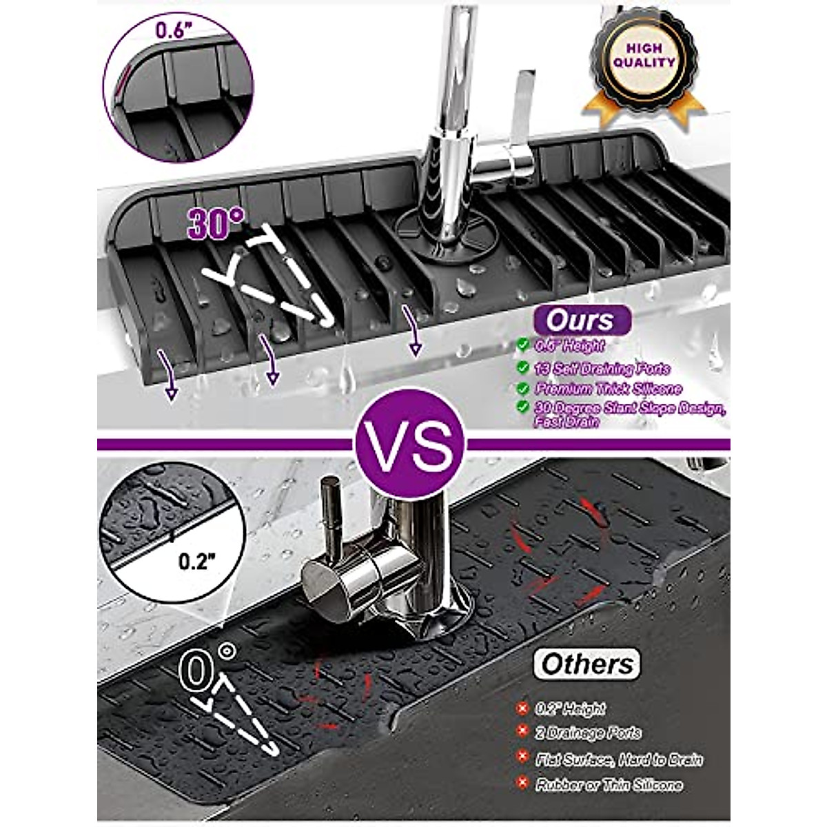 Decyam Upgrade Kitchen Sink Splash Guard, Silicone Faucet Handle Drip Catcher Tray, Kitchen Sponge Holder Faucet Absorbent Sink Protectors Mat for Kitchen Bathroom Sink Accessories (2 pcs black)