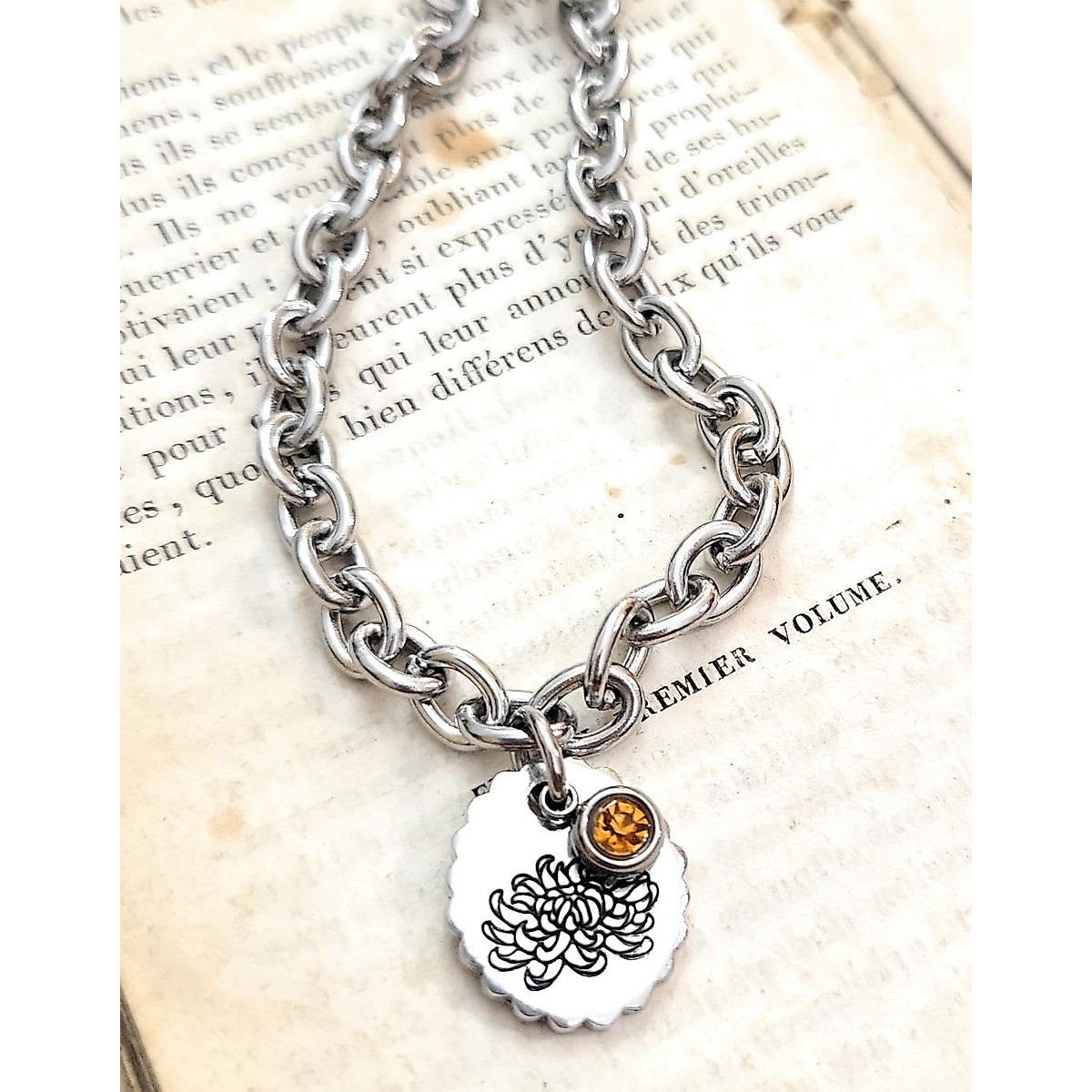 November Birthstone Chrysanthemum Flower Charm Bracelet with Birth Month Simple Dainty Gift for Her Mom Daughter