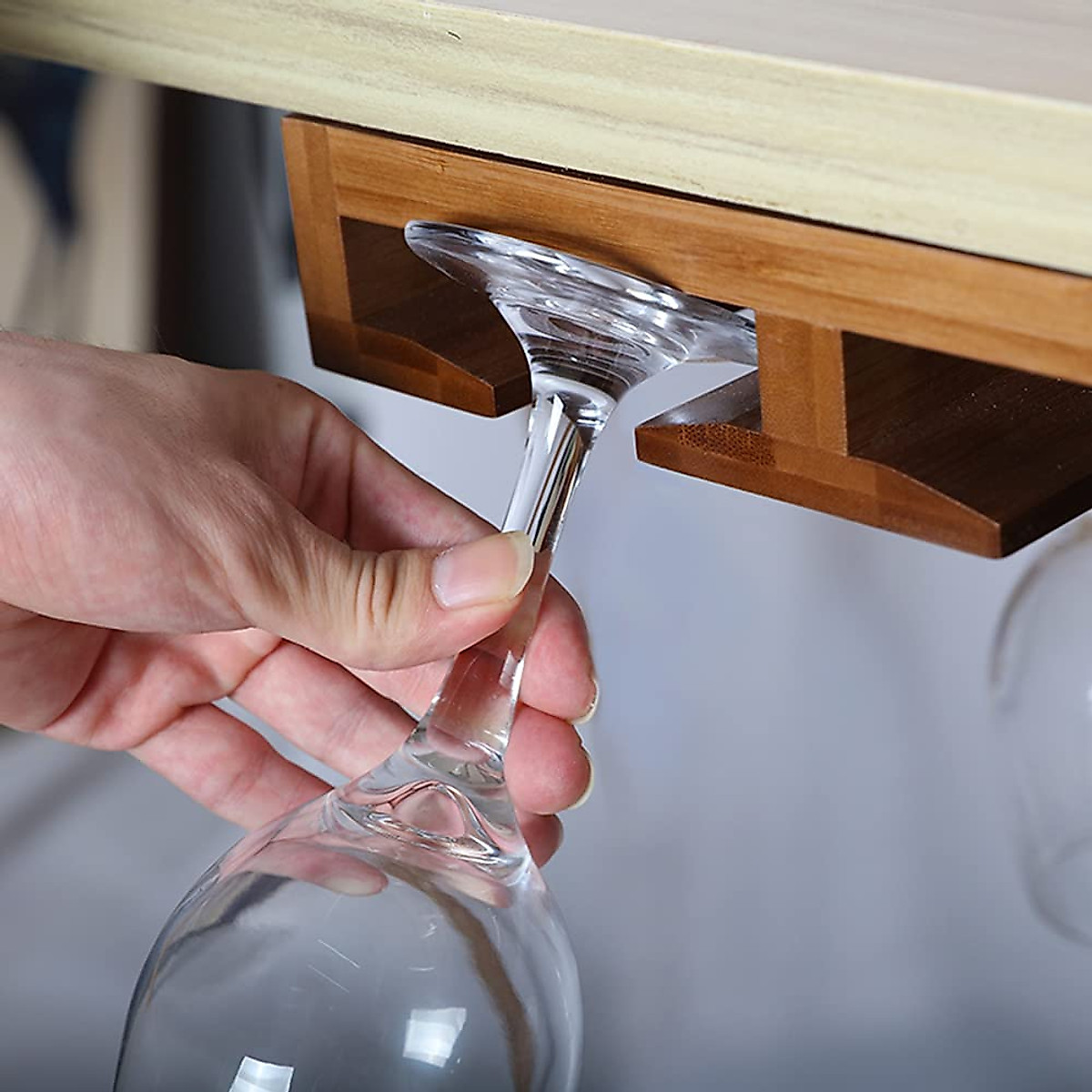 Bamboo Wine Glass Rack,Under Cabinet Stemware Rack,3/4/5 Rows Glasses Storage Holder for Bar Kitchen,Hanging Wine Glass Holder