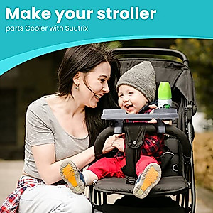 Universal Stroller Snack Tray - with Cup Holders - Upgraded Stroller Bar Attachment; Dual Non-Slip Grip Clip, Gray/Black (Gray)