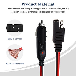 Cigarette Lighter SAE Battery Charger Cable, 16AWG 12V Cigarette Lighter Plug to SAE Quick Release Adapter Extension Charging Cable with Fuse and LED Light 5FT