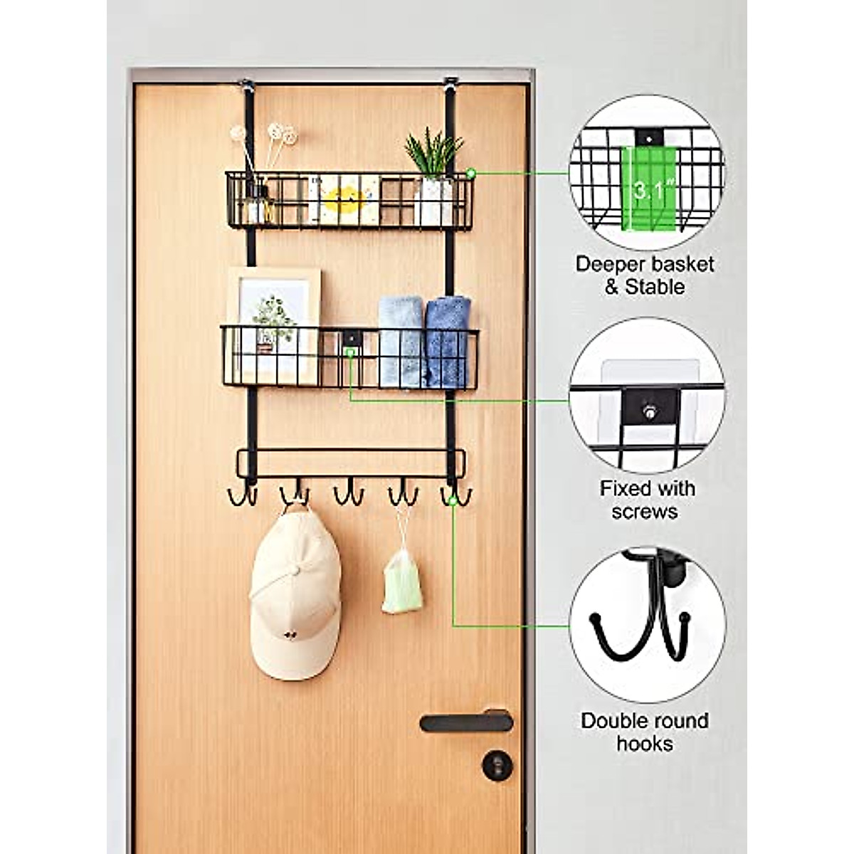 SMARTAKE Shower Caddy Over The Door, Bathroom Shelf with 10 Hooks, Fast-Draining Over Door Bathroom Organizer, Hanging Storage Rustproof for Dorm, Toilet, Bath and Kitchen (Black)